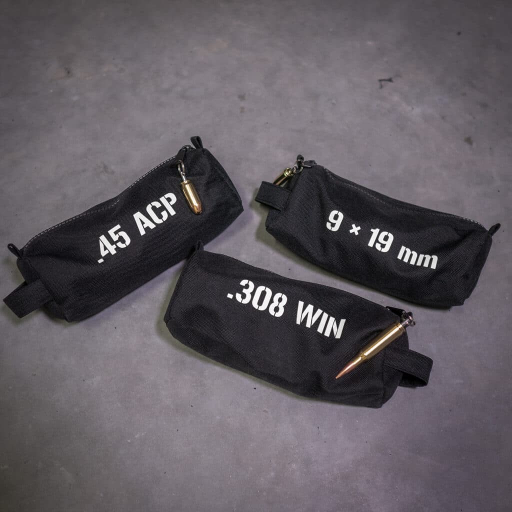 Munitionstasche / Ammo Bag, Stoff, schwarz meliert + Anhänger & Text